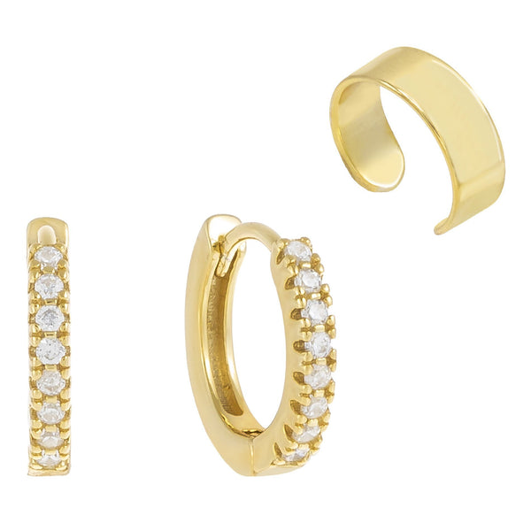 CZ Huggie X Solid Ear Cuff Earring Combo Set | Adina Eden Jewels
